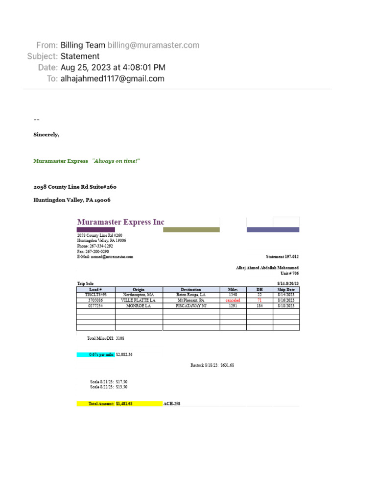 Muramaster Express Trip Statement | PDF