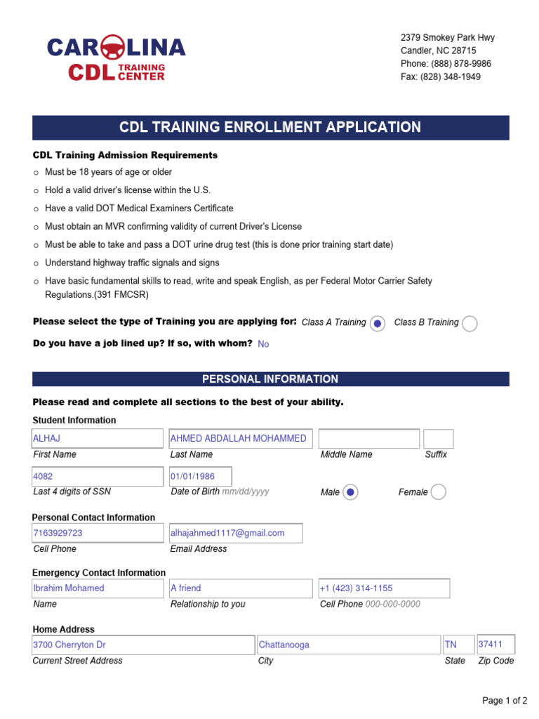 Carolina CDL TC Enrollment Application | PDF | Driver's License | Road ...