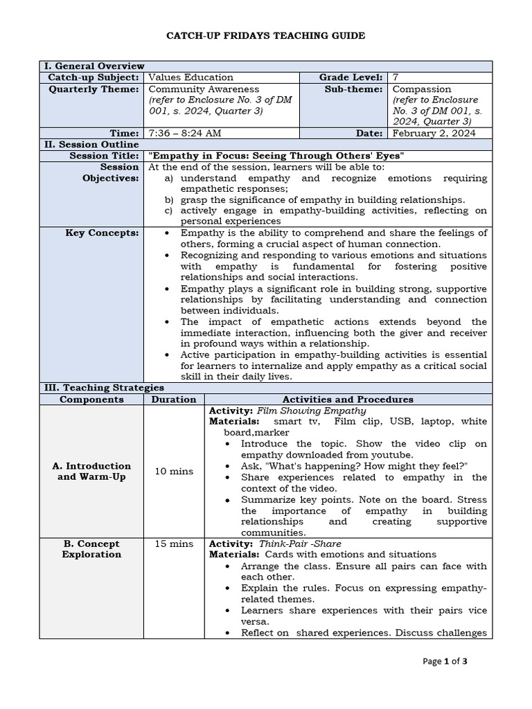 TG Catchup EsP 7 Values Empathy | PDF | Empathy | Learning