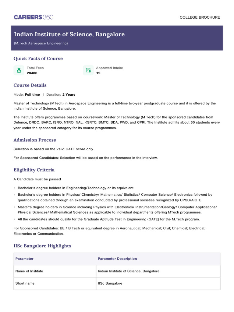 M.Tech Aerospace at IISc Bangalore | PDF | Academic Degree | University ...