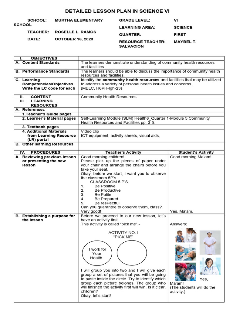 Lesson Plan Elem | PDF | Surgery | Physical Examination