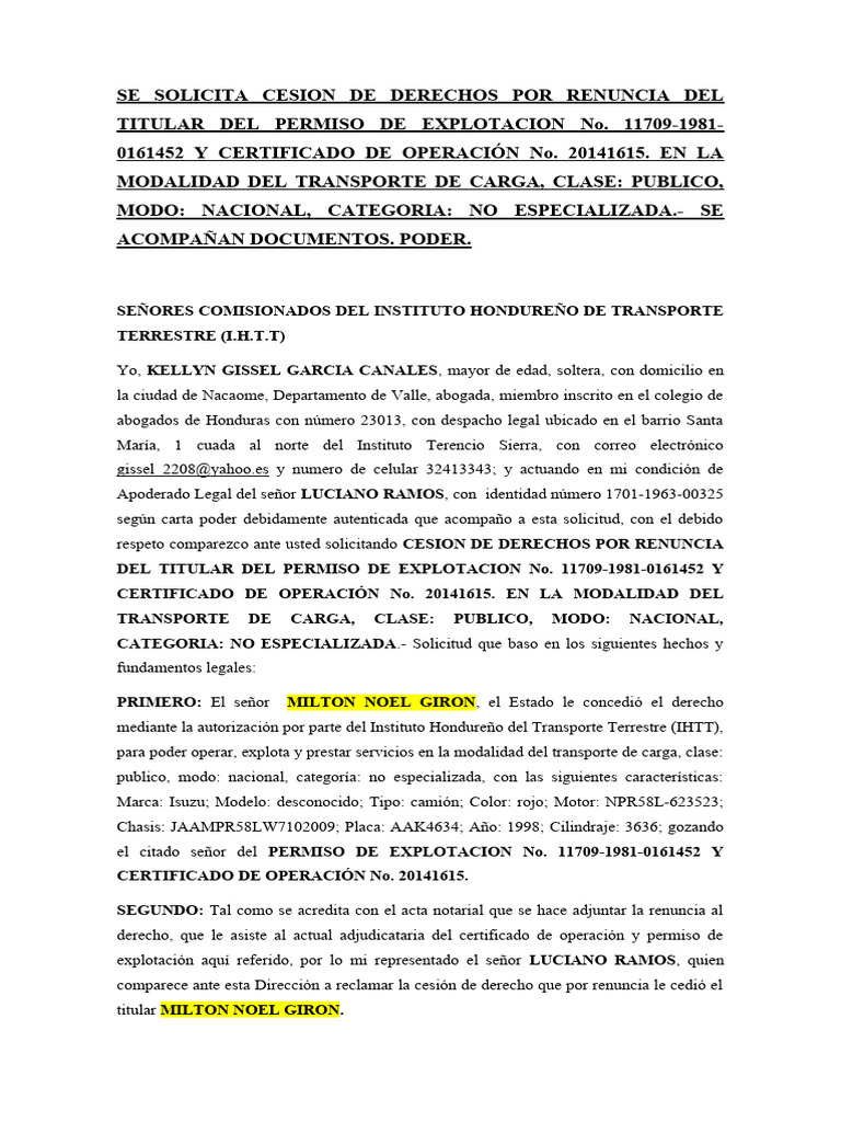 Solicitud Cesion de Derechos Ihtt | PDF | Honduras