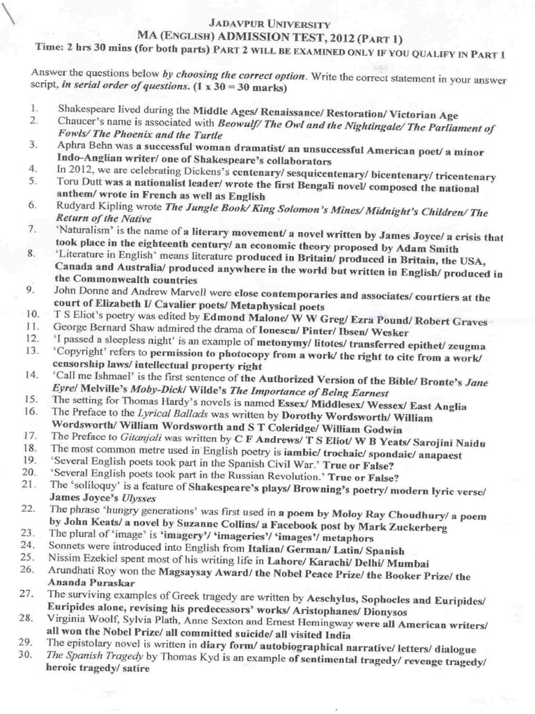 Jadavpur University 2012 Ma English Entrance Question Paper | PDF