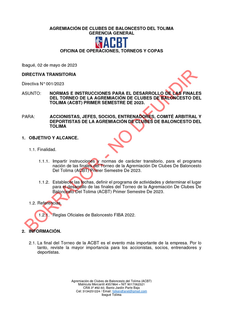 Directiva Torneo ACBT - BORRADOR | PDF