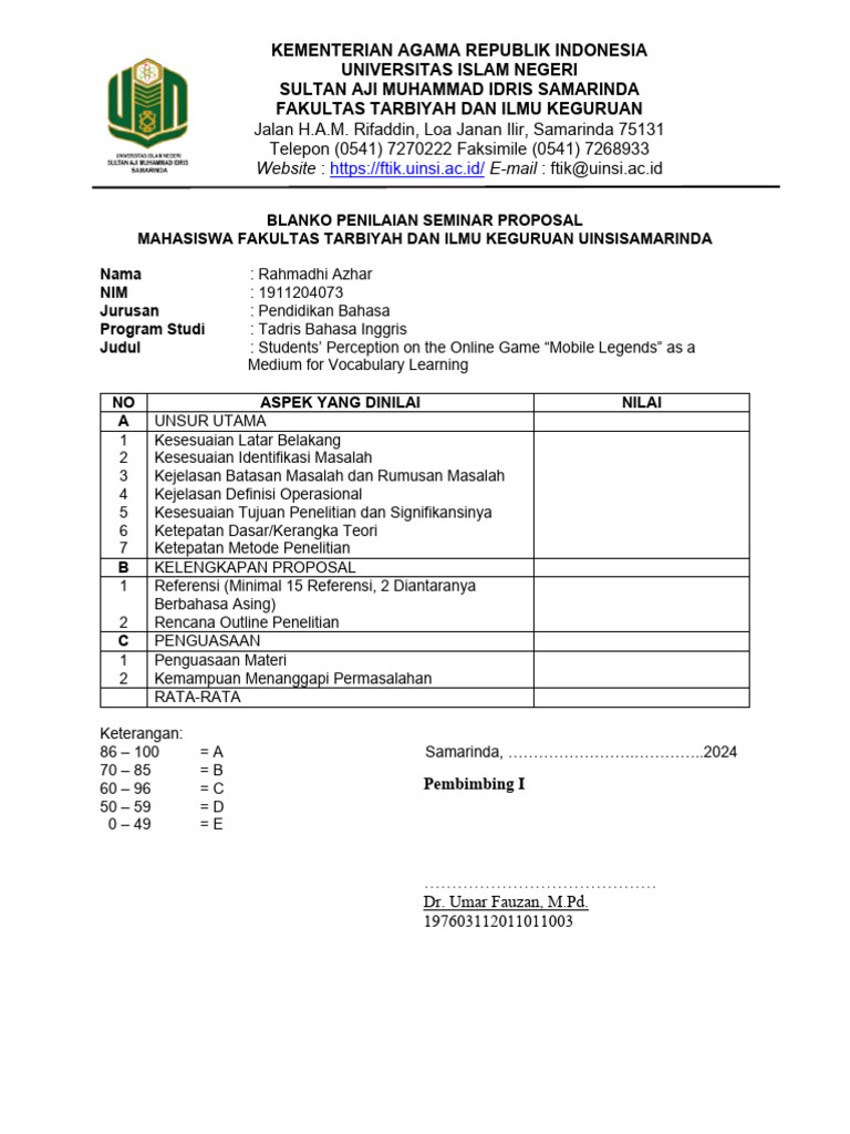 Lembar Penilaian Sempro | PDF