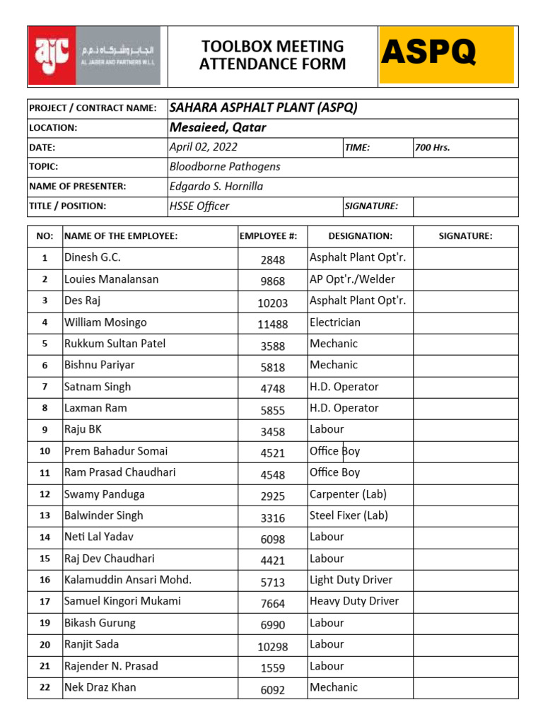 Toolbox Meeting | PDF