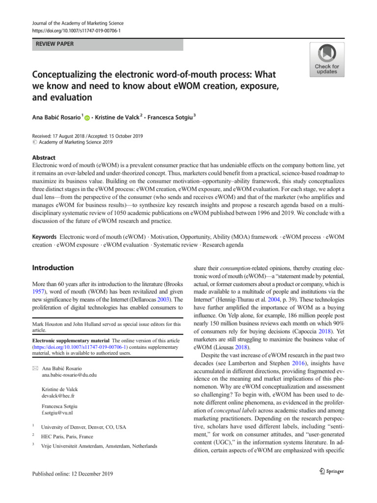 Conceptualizing The Electronic Word-Of-Mouth Process: What We Know and ...