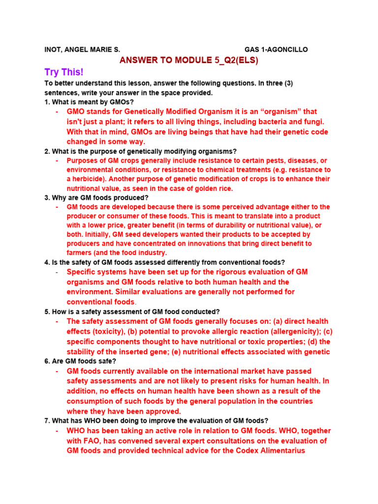 Answer To Module 5 - Q2 (Els) | PDF | Genetically Modified Food ...