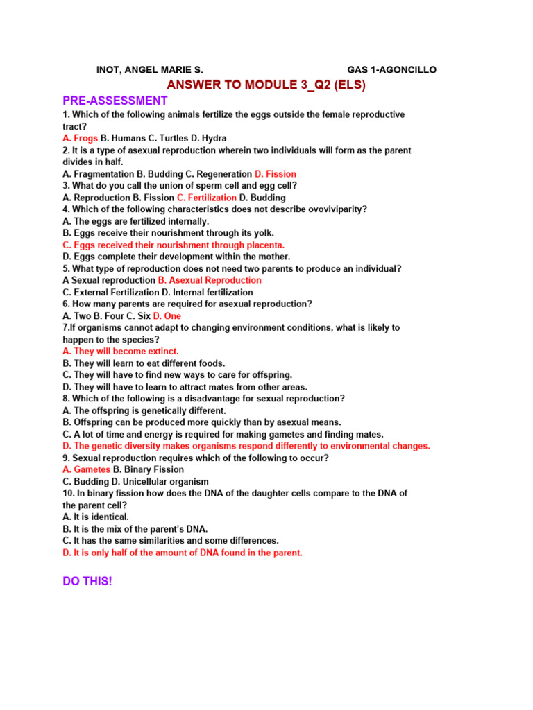 Answer To Module 3 - Q2 (Els) | PDF | Reproduction | Sexual Reproduction