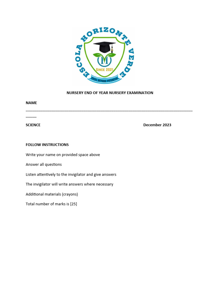 Nursery Science Exam Paper 2023 | PDF