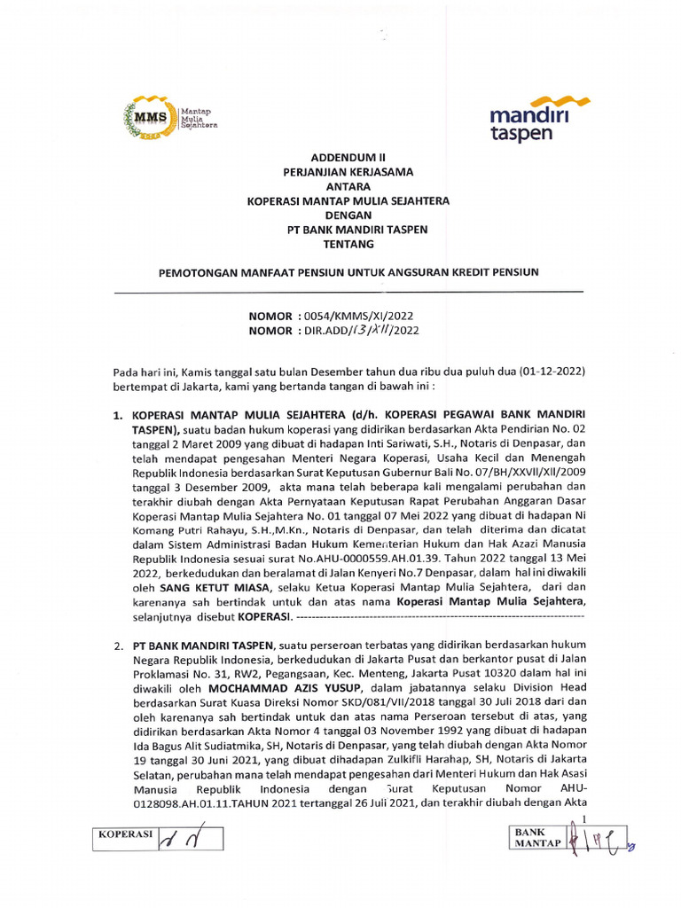 Addendum II PKS Pemotongan Angsuran Koperasi Dengan Bank Mantap (Koperasi) | PDF