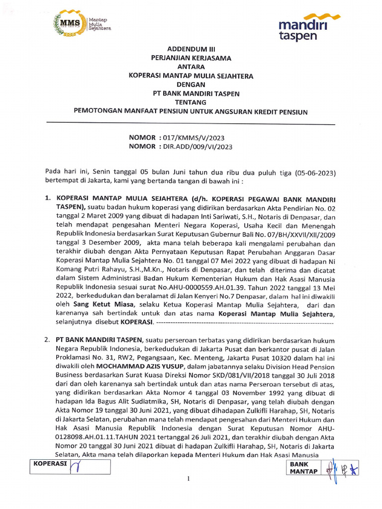 Addendum III Pemotongan Angsuran Kopkar - Koperasi | PDF