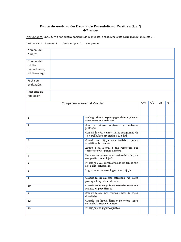 Pauta de Evaluación E2P 4-7 Años | PDF