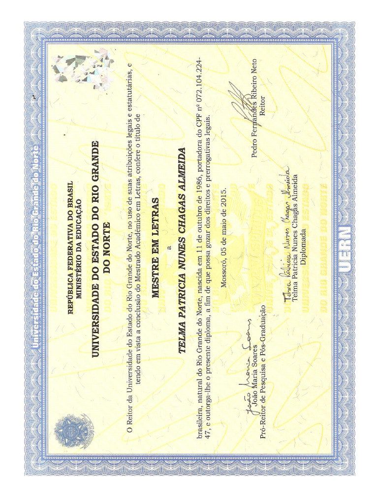 Diploma Mestrado Acadêmico em Letras | PDF