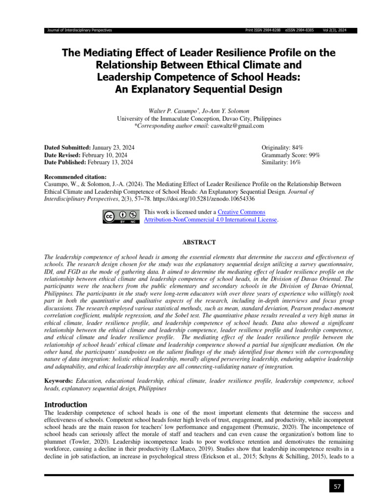 The Mediating Effect of Leader Resilience Profile On The Relationship Between Ethical Climate ...