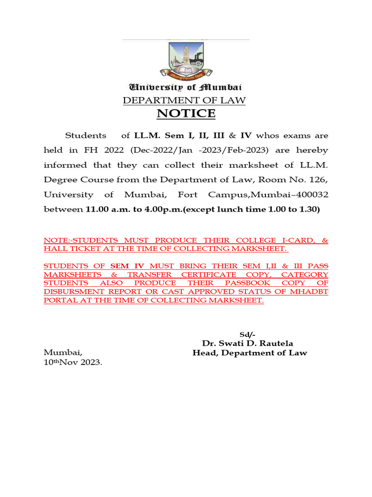 NOTICE Issuing Marksheet of LL.M. Degree Course Sem I II III IV FH 2022 ... NOTICE Issuing Marksheet of LL.M. Degree Course Sem I II III IV FH 2022 ...