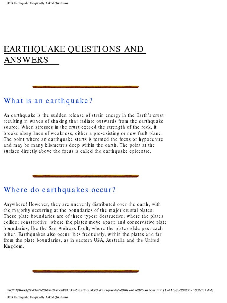 Earthquake Questions and Answers: What Is An Earthquake? | PDF ...