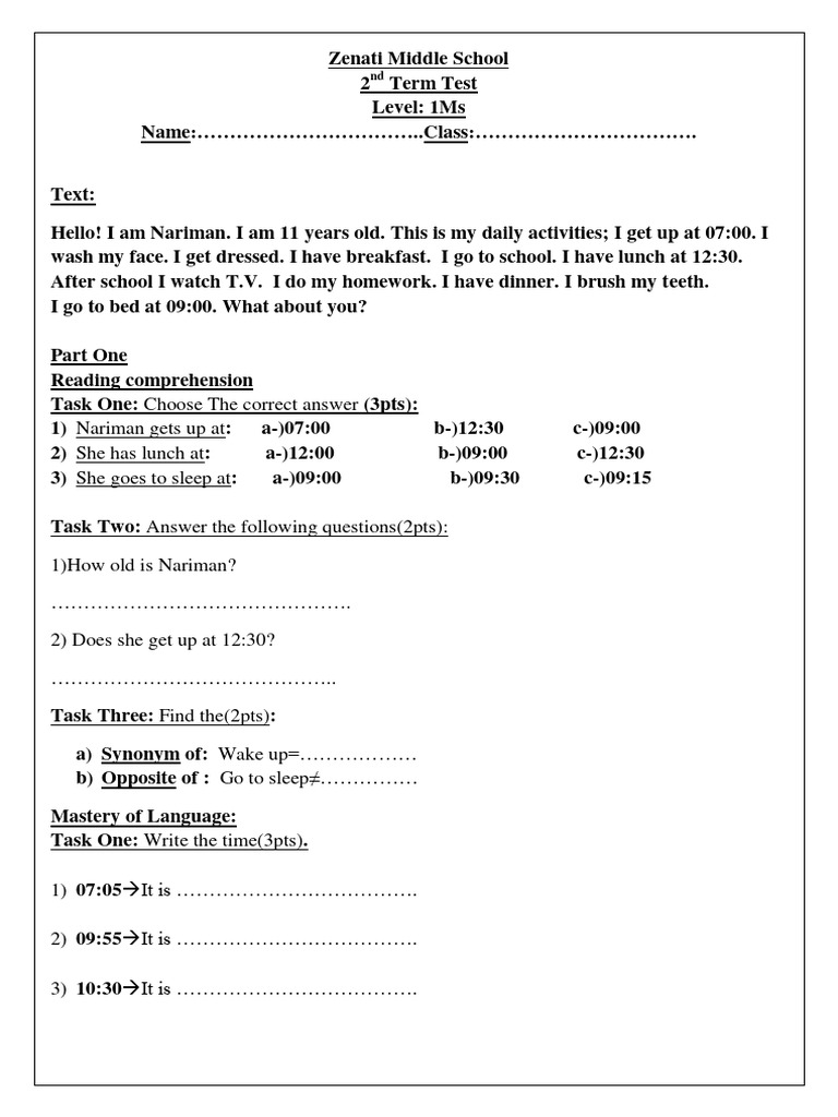 Zenati Middle School 2nd Term Test - 1Ms | PDF