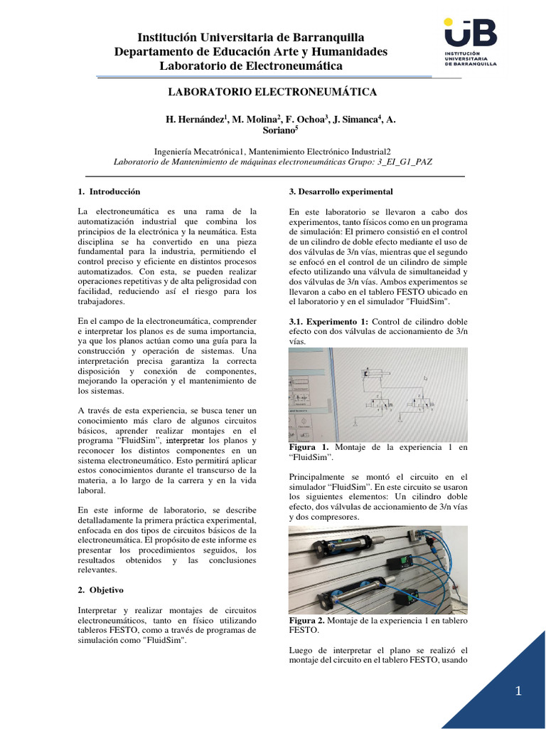 Informe 1-Electroneumática-Soriano, Hernández, Ochoa, Simanca, Molina | PDF | Pistón | Laboratorios