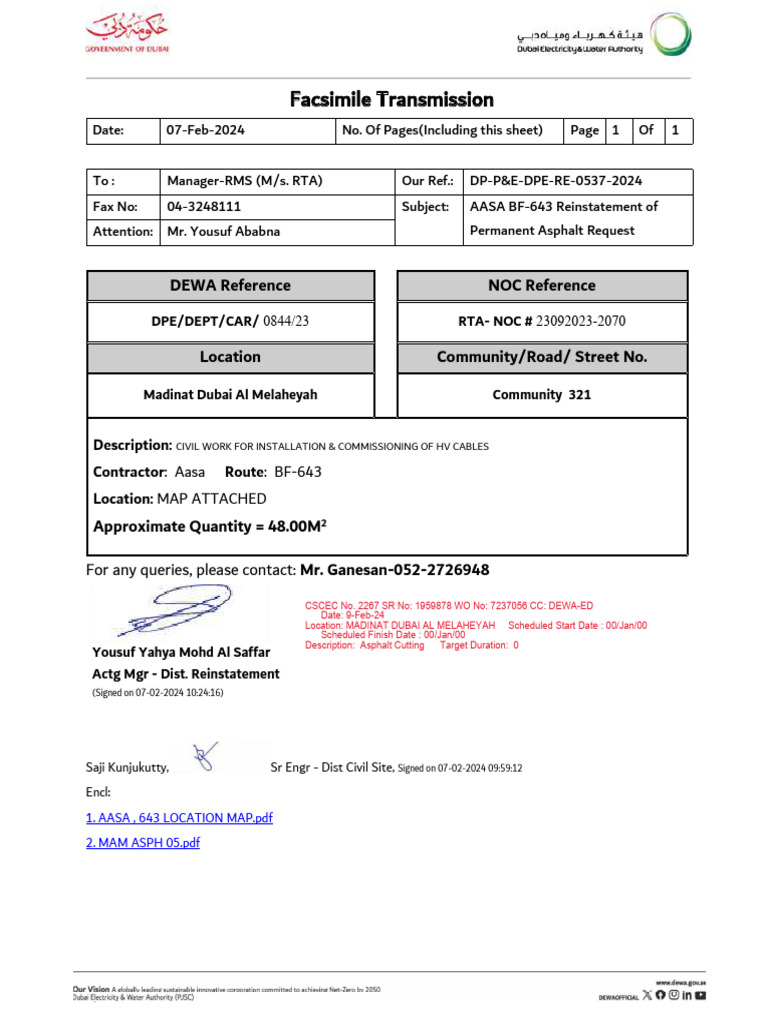 Facsimile Transmission: DEWA Reference NOC Reference Location Community ...