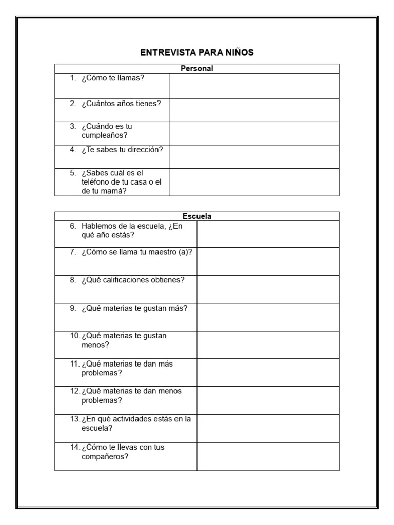 Entrevista corta para niños | PDF