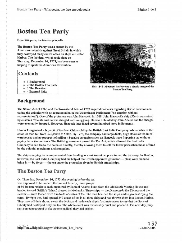 Boston Tea Party - Wikipedia | PDF | Colonial United States (British ...