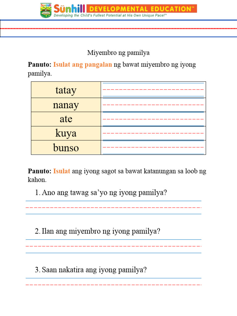 worksheet-GRADE 1 - Miyembro NG Pamilya - AP | PDF
