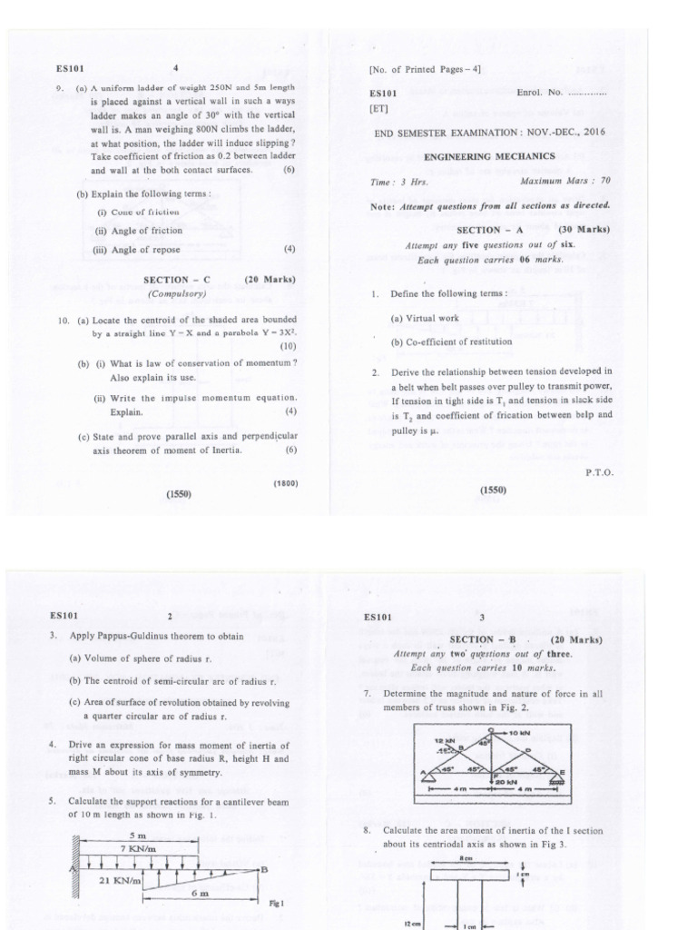 Engineering Mechanics, ES101 (ET), Nov.-Dec. 2016 | PDF