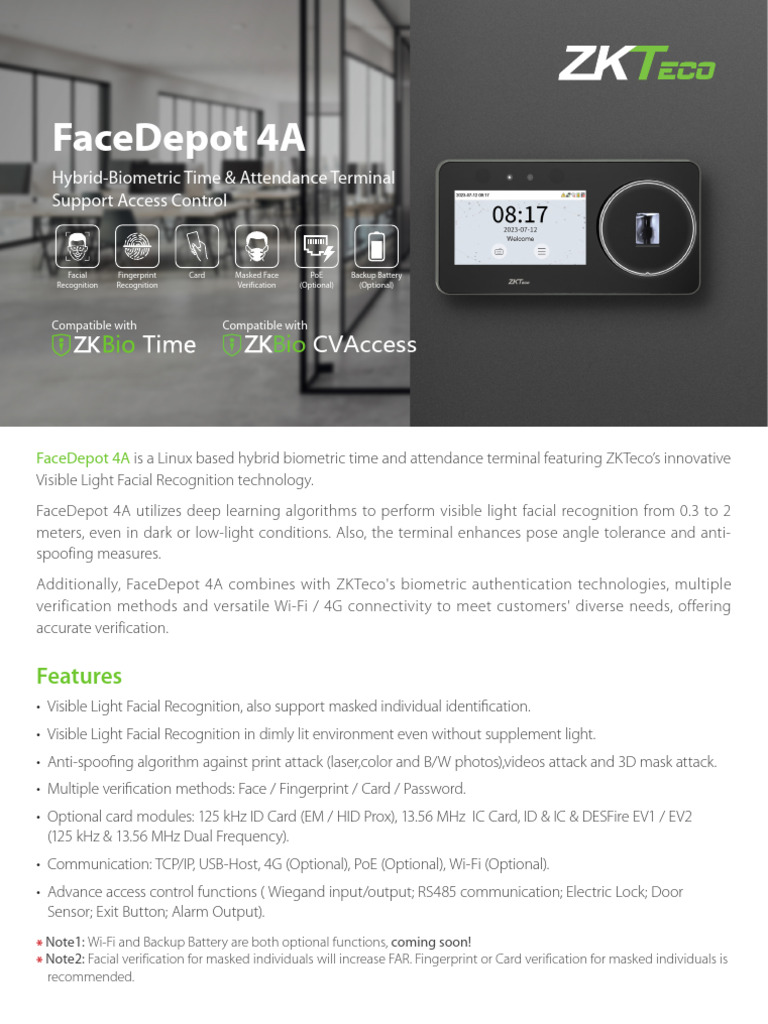 FaceDepot 4A Datasheet 20231214 | PDF | Authentication | Access Control
