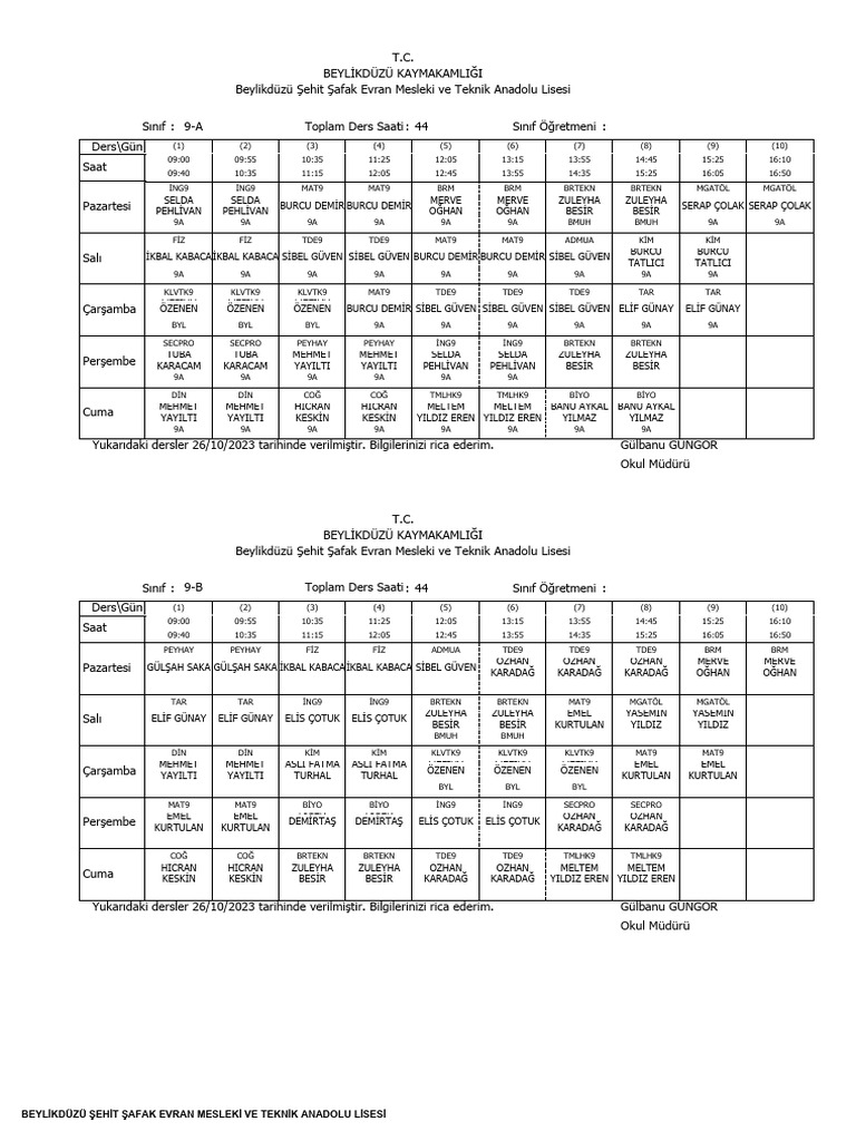30 10 2024-Sinif-Programlari | PDF