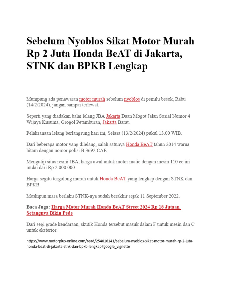 Sebelum Nyoblos Sikat Motor Murah RP 2 Juta Honda BeAT Di Jakarta | PDF Sebelum Nyoblos Sikat Motor Murah RP 2 Juta Honda BeAT Di Jakarta | PDF