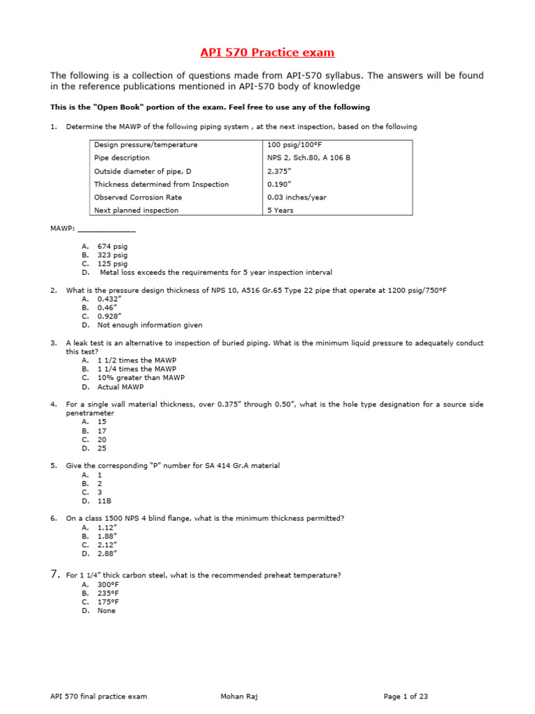 Api 570 Final Practice Exam | PDF | Pipe (Fluid Conveyance) | Welding