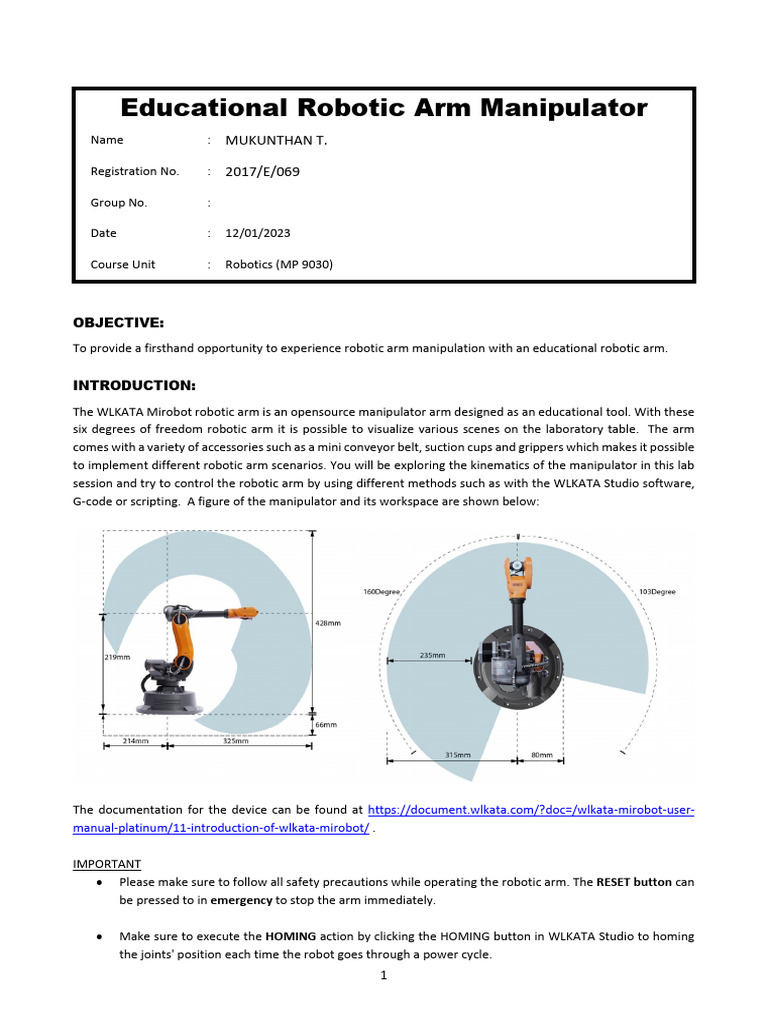 Robotic Arm Manipulation - MUGUNTHAN | PDF | Robotics | Robot Robotic Arm Manipulation - MUGUNTHAN | PDF | Robotics | Robot