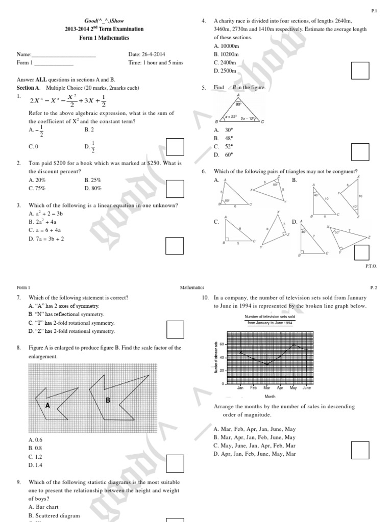 Form 1 Math Exam 2013-2014 | PDF | Mathematics | Geometry