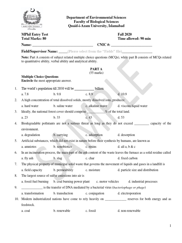 Sample - Paper - MPhil Entry Test - Fall 2020 | PDF | Bacteriophage | Water