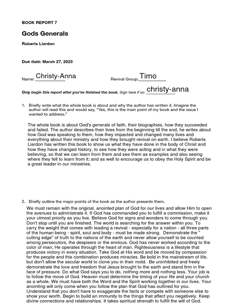 Book Report Gods Generals Christy Anna | PDF | God | Jesus