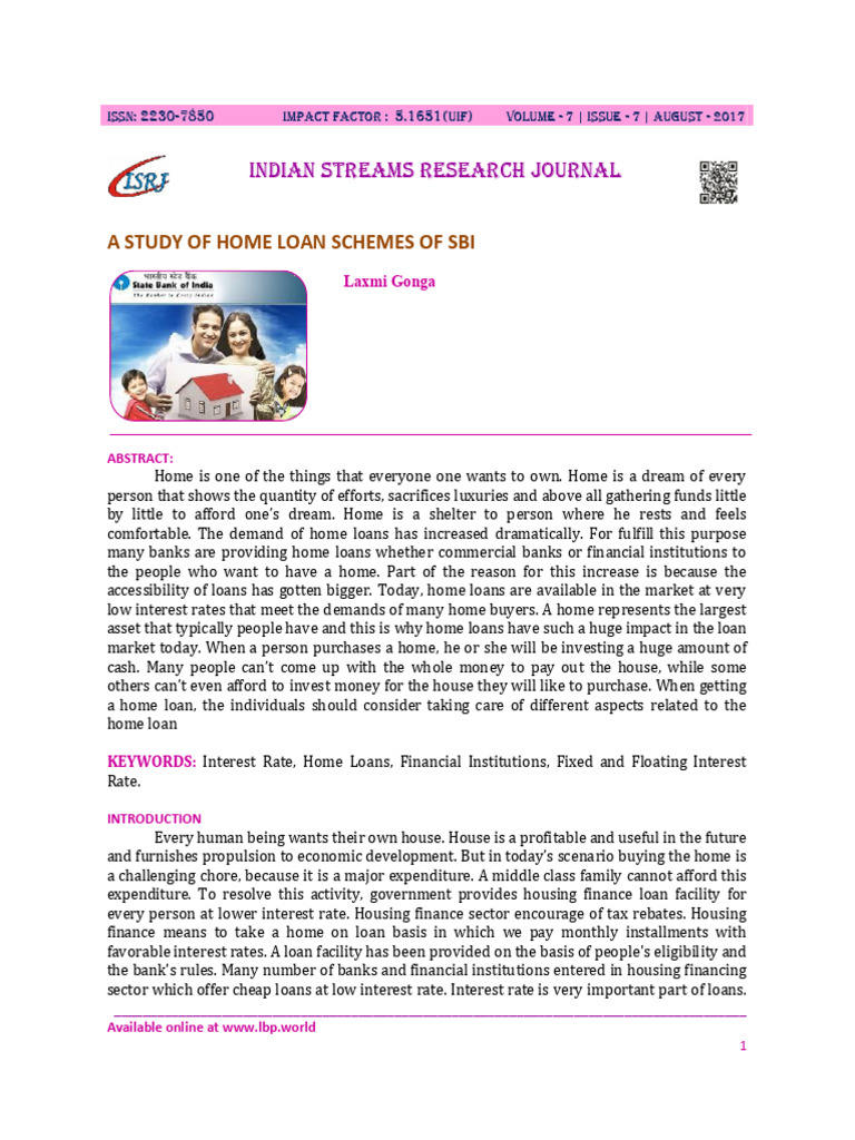 A Study of Home Loan Schemes of Sbi: Indian Streams Research Journal ...