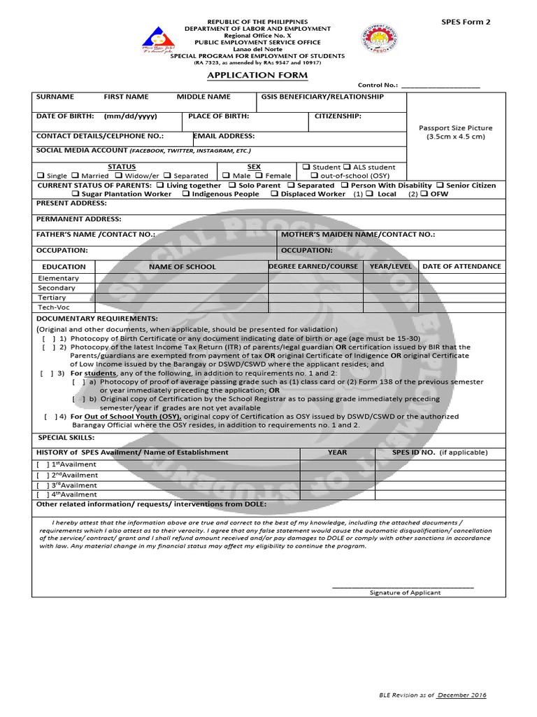 Spes Form 2 Application Form | Download Free PDF | Government