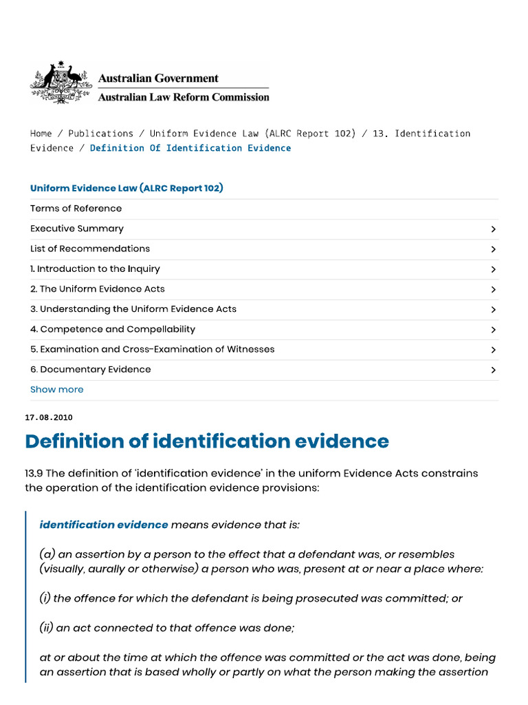 Australian Law Reform Commission Identification Evidence | PDF
