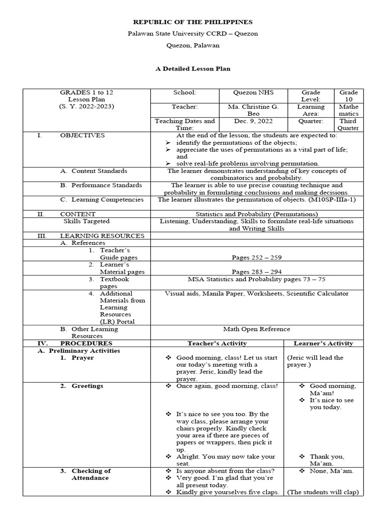 MC Lesson Plan | PDF | Permutation | Lesson Plan MC Lesson Plan | PDF | Permutation | Lesson Plan