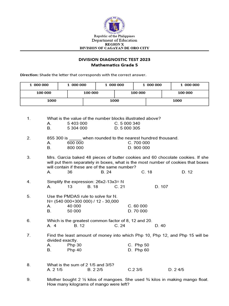 Grade 5 Mathematics Diagnostic Test 2023 | PDF | Circle | Ratio