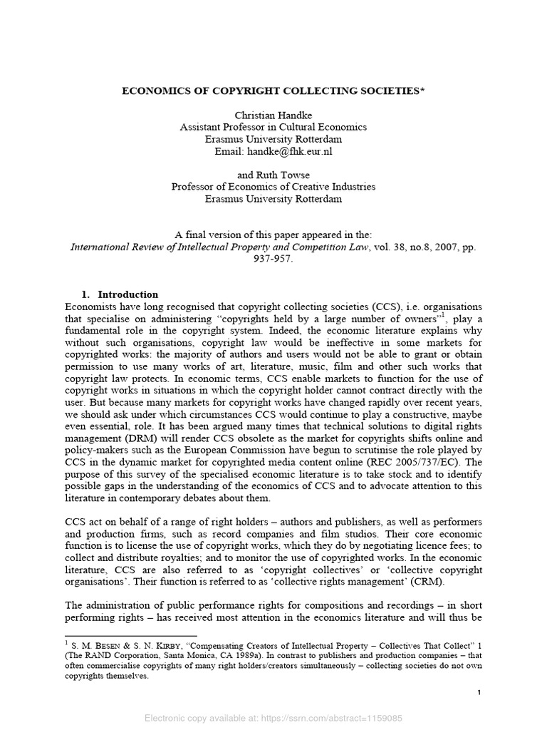 Economics of Copyright Collecting Societies | PDF | Monopoly | Copyright