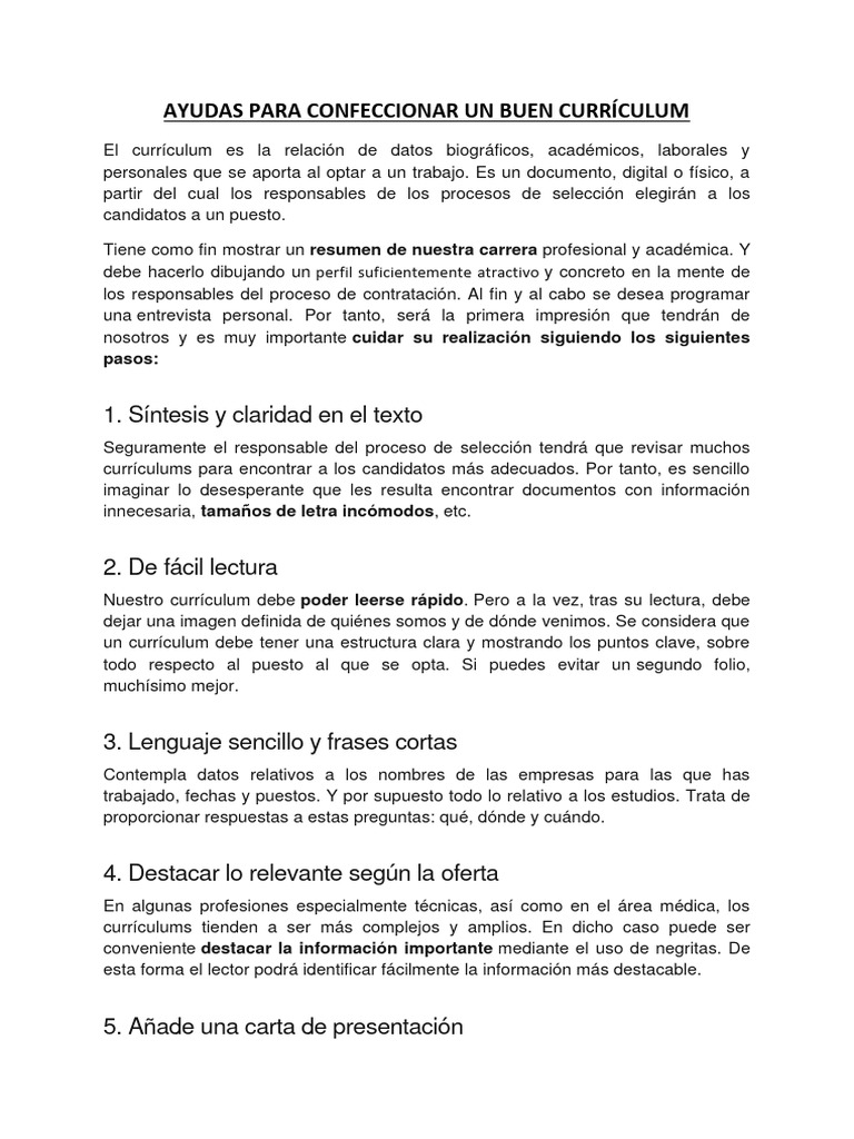 Ayudas para Confeccionar Un Buen Currículum | PDF | Plan de estudios ...