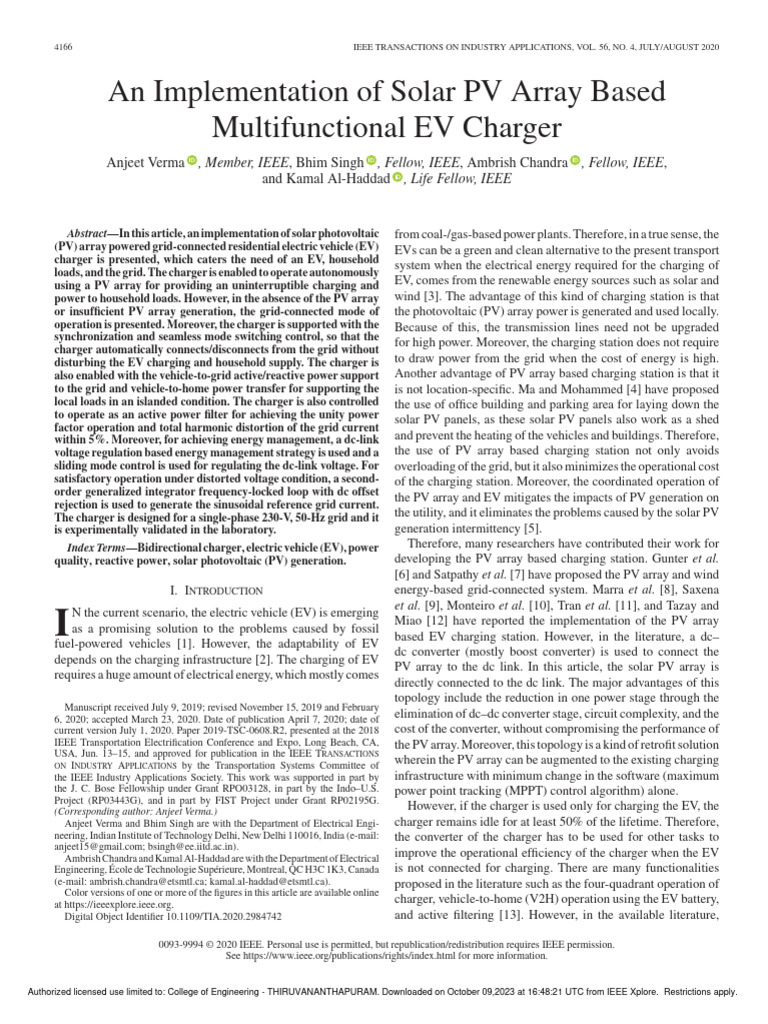 An Implementation of Solar PV Array Based Multifunctional EV Charger ...