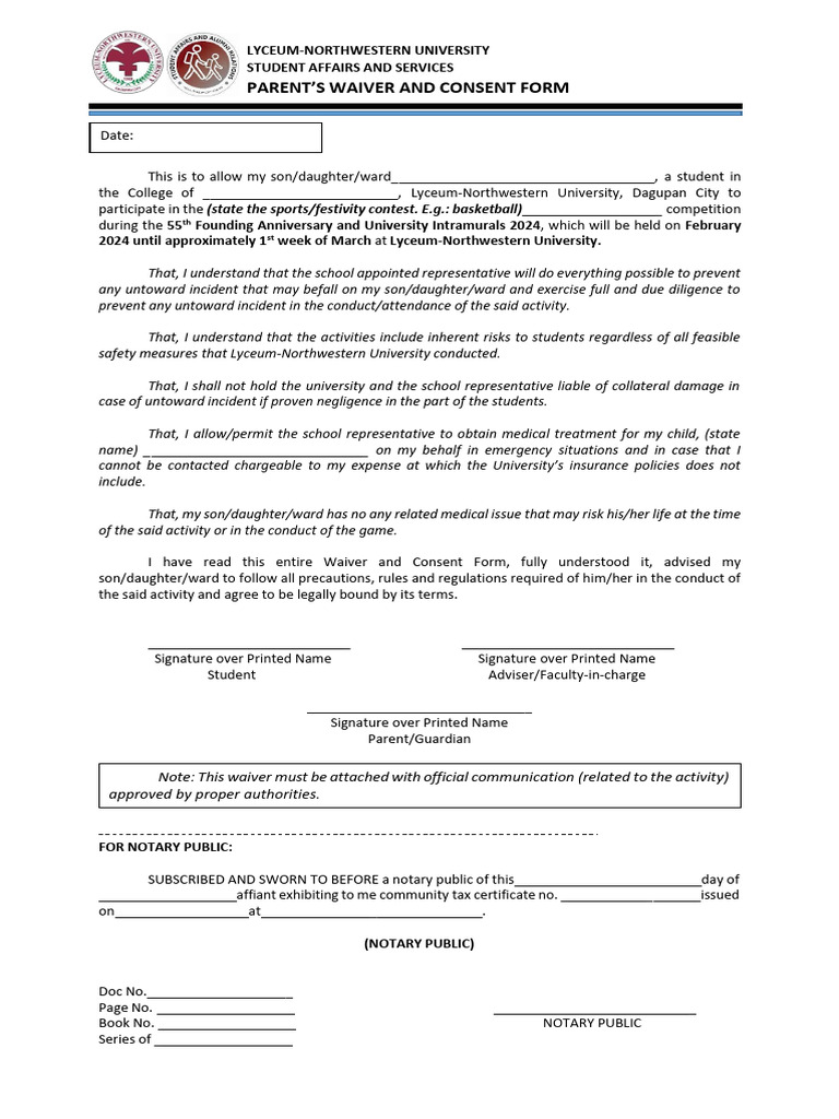 Parents Waiver and Consent Form - Instramurals 2024 | Download Free PDF ...