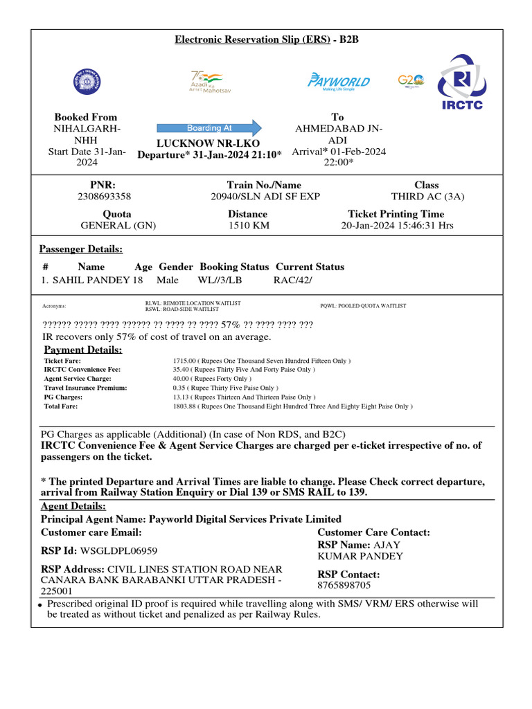 Ticket Fare: IRCTC Convenience Fee: Agent Service Charge: Travel ...