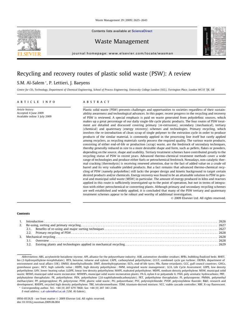 Review of Plastic Waste Recycling Routes | PDF | Pyrolysis | Recycling