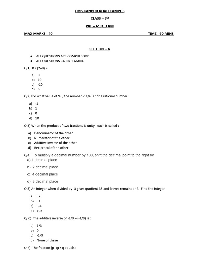 7 Maths 1 Pre Mid Term Paper and Solution | PDF | Decimal | Number Theory