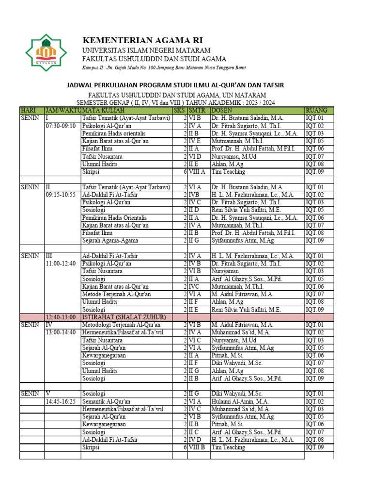 Jadwal Kuliah Genap 2023-2024 ACC | PDF