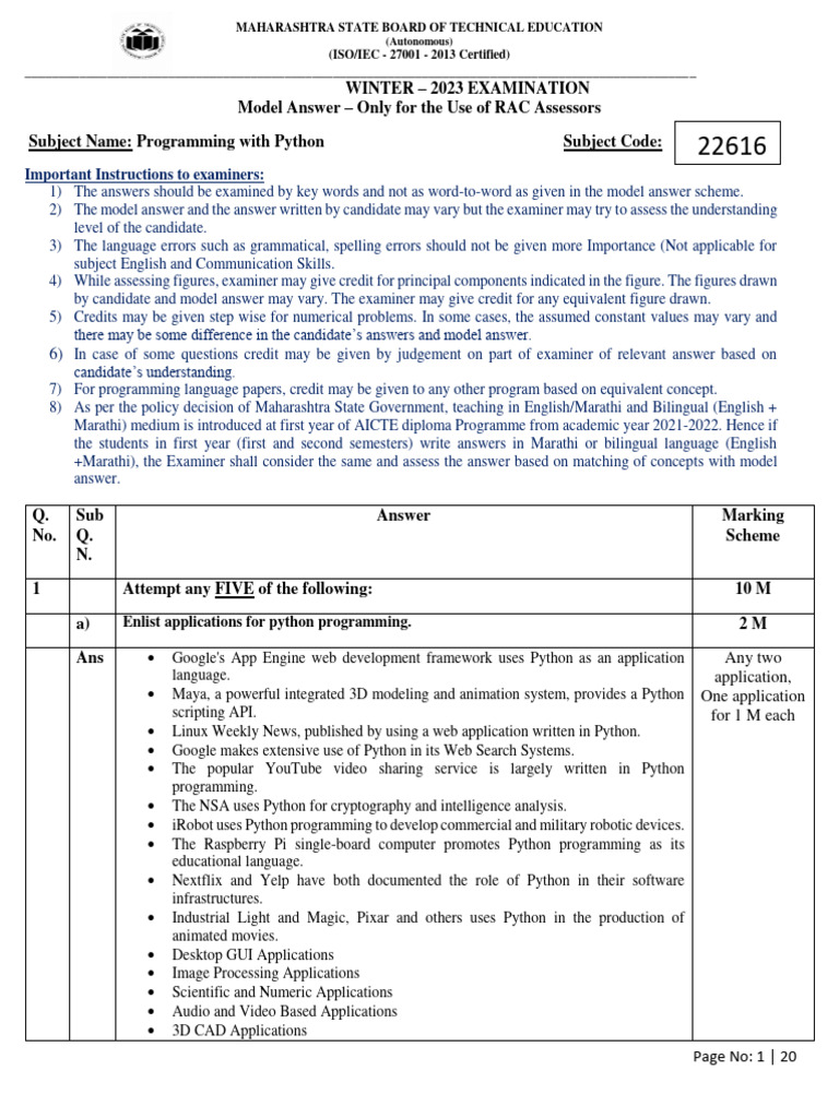 Important Instructions To Examiners:: Enlist Applications For Python Programming | PDF ...